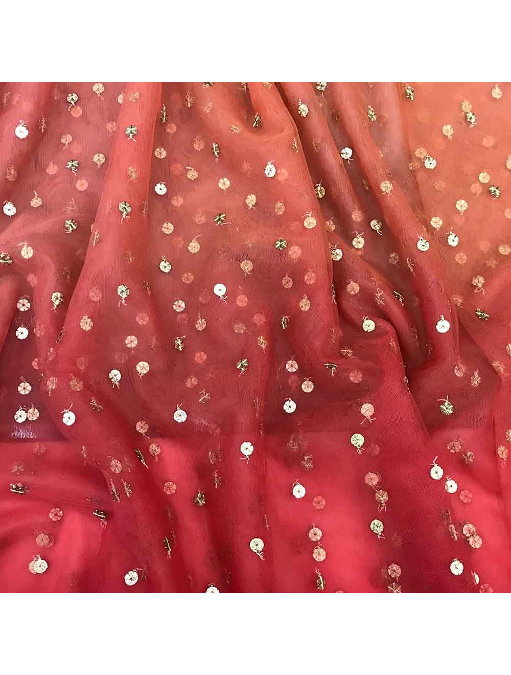 Red Orange 4 Colors Ombre Shaded Net Fabric With Sequence Embroidery