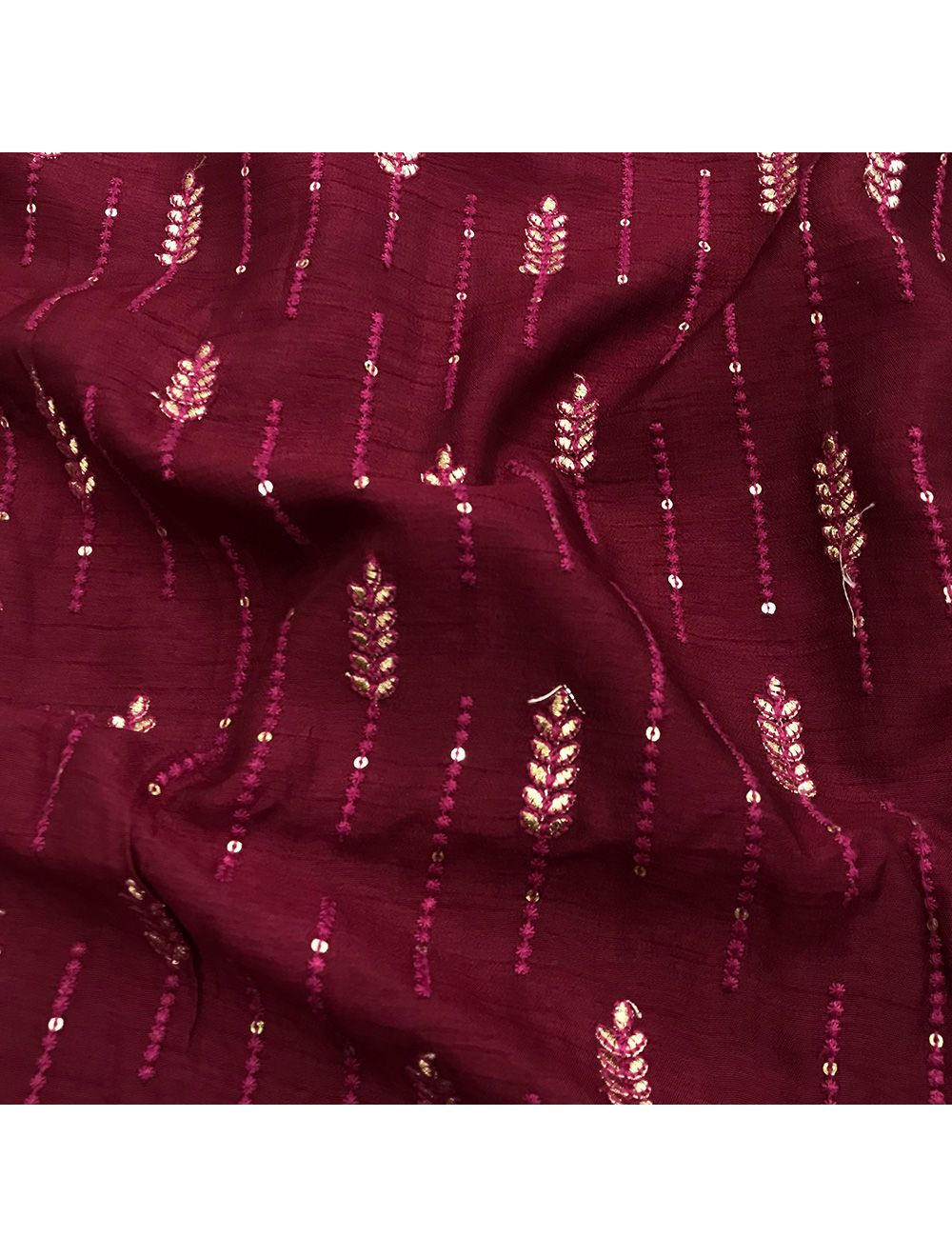 Maroon Slub Dupion Fabric Stripes Motifs Embroidery Saroj Fabrics